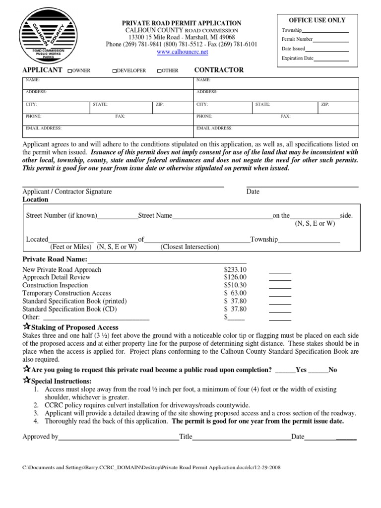 Calhoun County Private Road Permit Form | PDF | Indemnity | Assignment ...