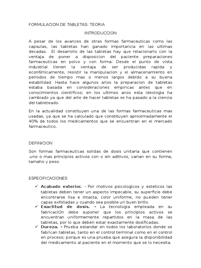 Formulación y elaboración de tabletas | PDF | Medicamentos con receta ...
