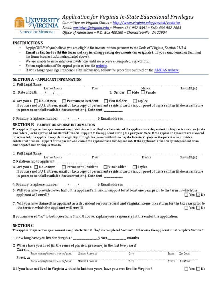UVA In-State Tuition Application Form | PDF | Travel Visa | Virginia