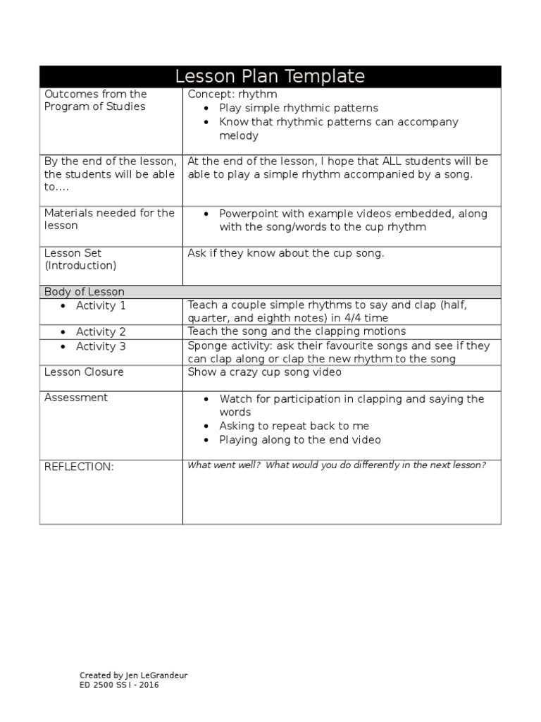 Rhythmic Lesson Plan for Cup Song | PDF