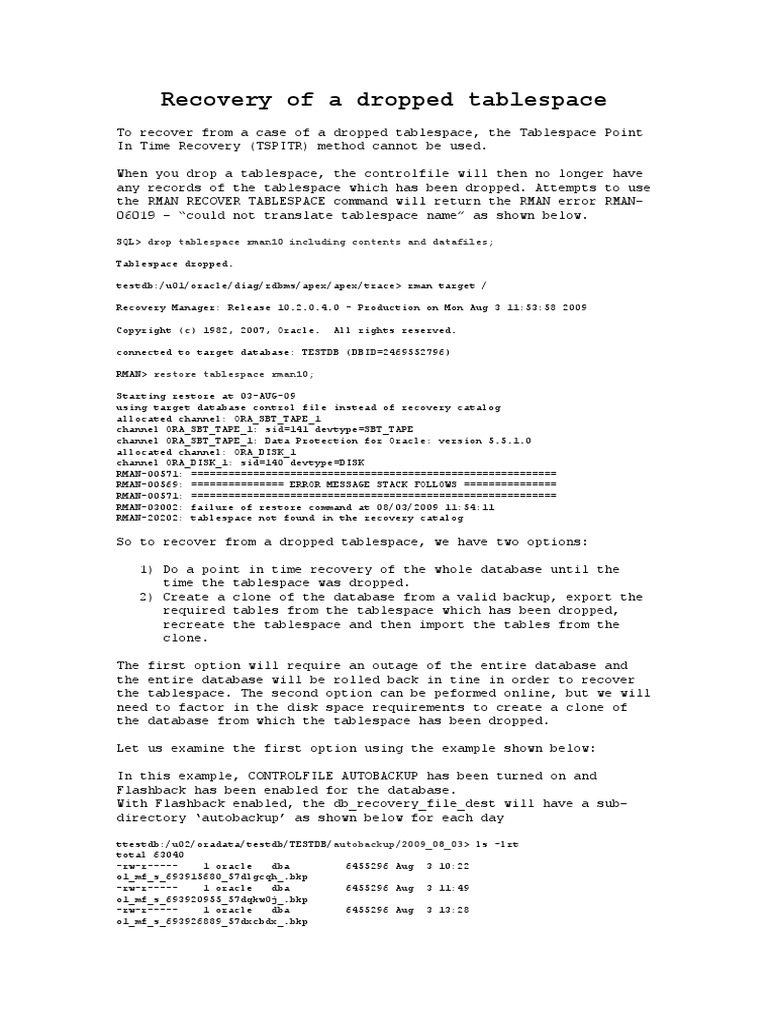 Recovery of A Dropped Tablespace | PDF | Oracle Database | Backup