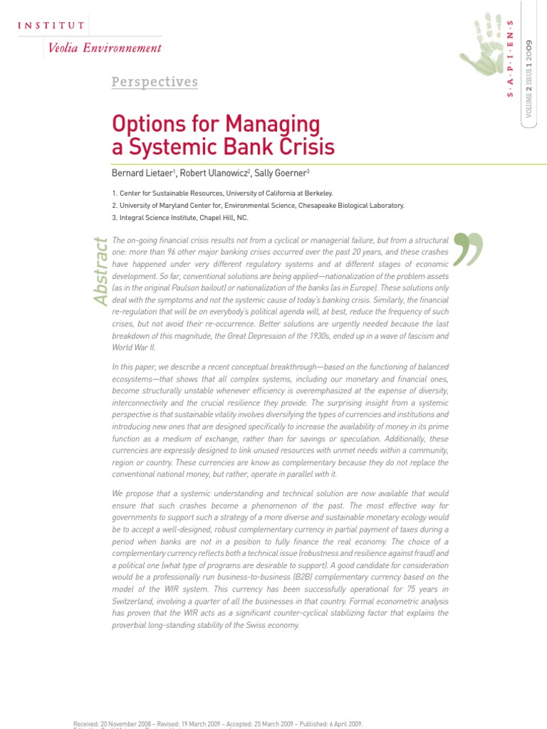 Options For Managing A Systemic Banking Crisis (By Lietaer, Ulanowicz ...