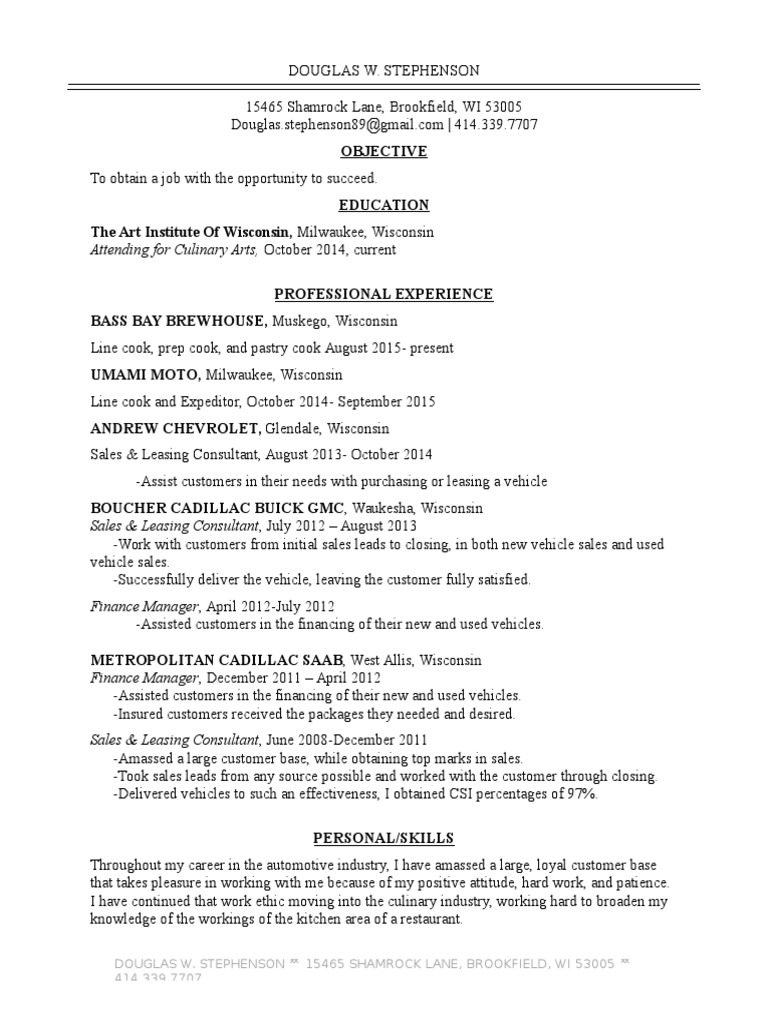 Douglas Stephenson's Culinary Resume | PDF | General Motors Marques | Car