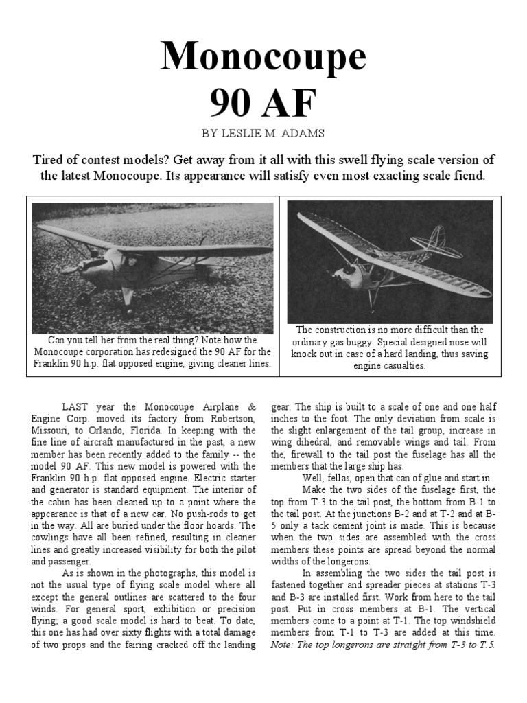 Monocoupe 90AF - A Free-Flight Model Airplane (Fuel Engine) (Convert To ...