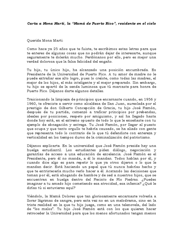 Carta A Mona Marti, La "Mamá de Puerto Rico", Residente en El Cielo | PDF