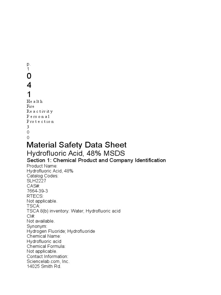 Hydrofluoric Acid 48% MSDS Guide | PDF | Oxide | Fluorine