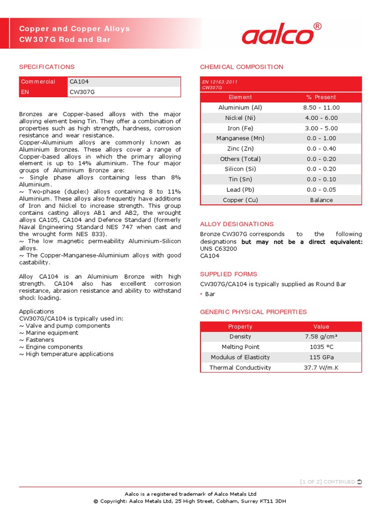 Aalco Metals LTD Copper and Copper Alloys CW307G Rod and Bar 118 | PDF ...