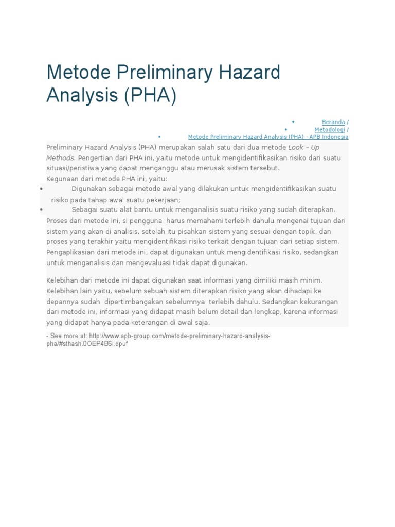 Metode Preliminary Hazard Analysis | PDF