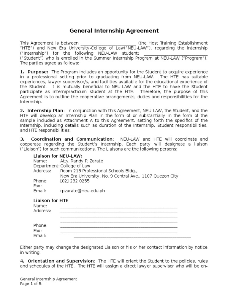 TEMPLATE - General Internship Agreement | PDF | Internship | Job Hunting