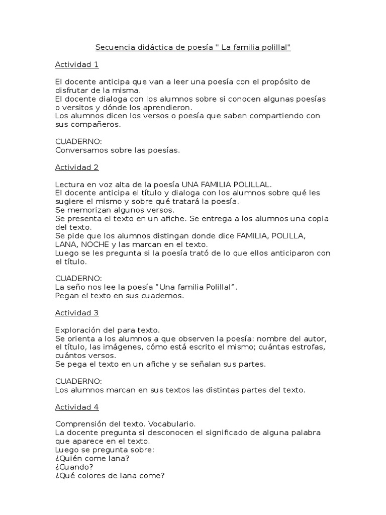 Poesía "La familia Polillal" para niños | PDF | Cuaderno | Poesía