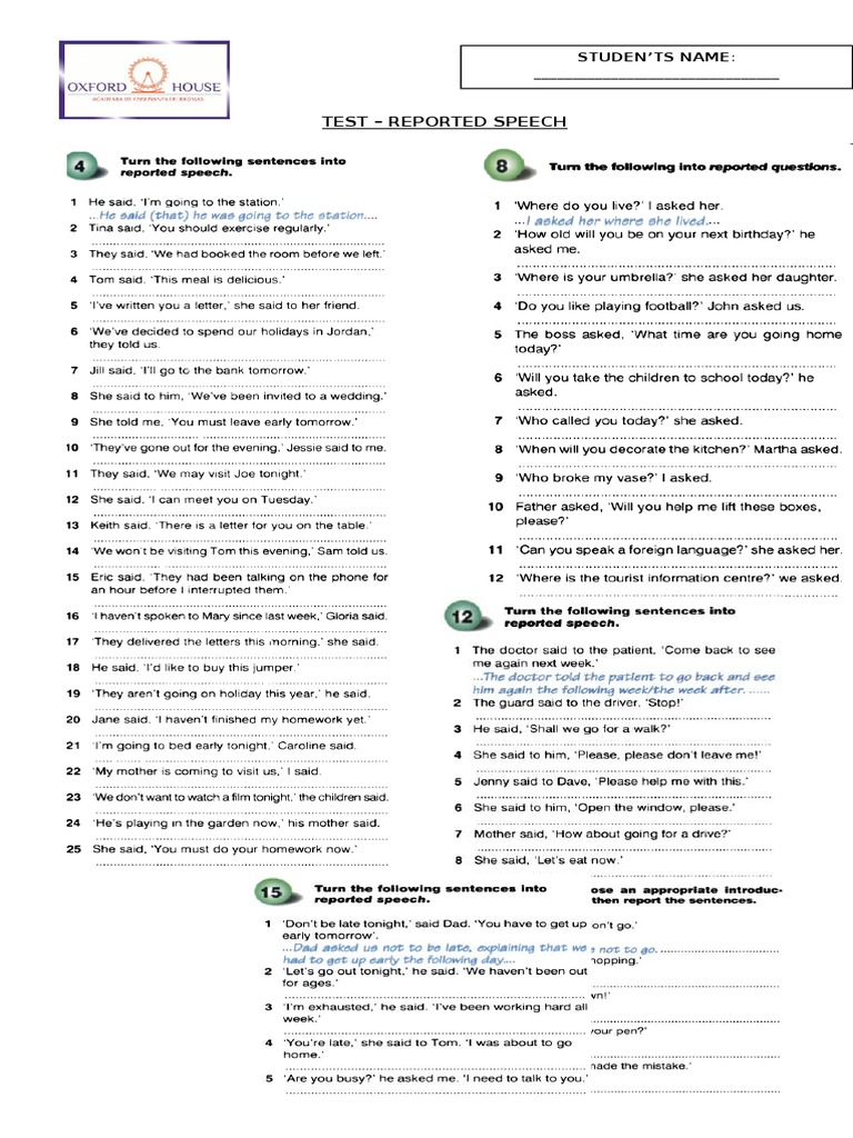 Test - Reported Speech: Studen'Ts Name | PDF