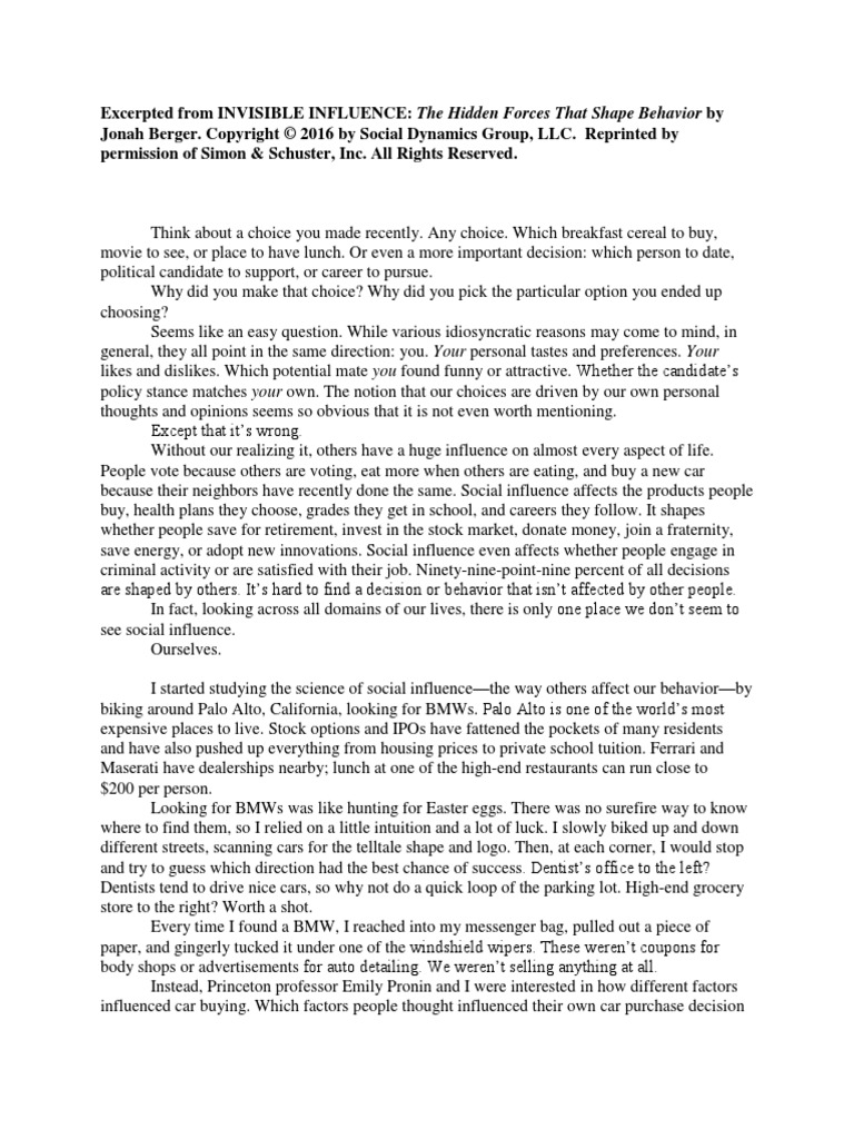 Invisible Influence: The Hidden Forces That Shape Human Behavior | PDF ...