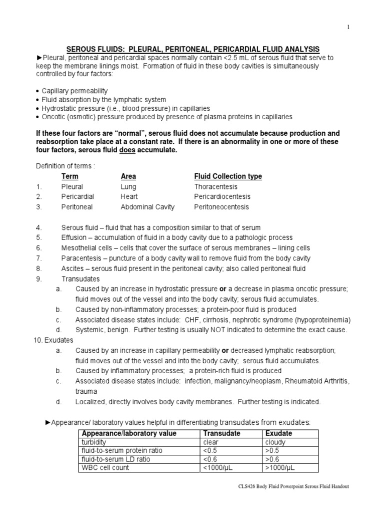 Serous Fluid Powerpoint Handout | PDF | Diseases And Disorders | Anatomy