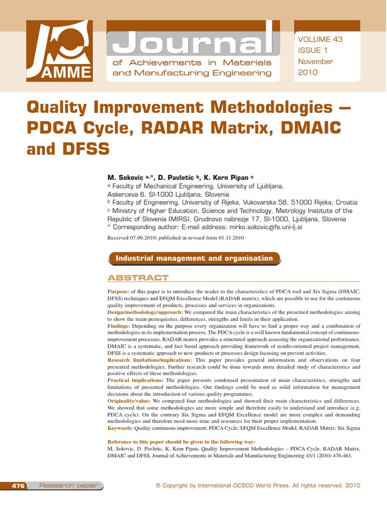 Quality Improvement Methodologies | PDF | Design For Six Sigma | Six Sigma
