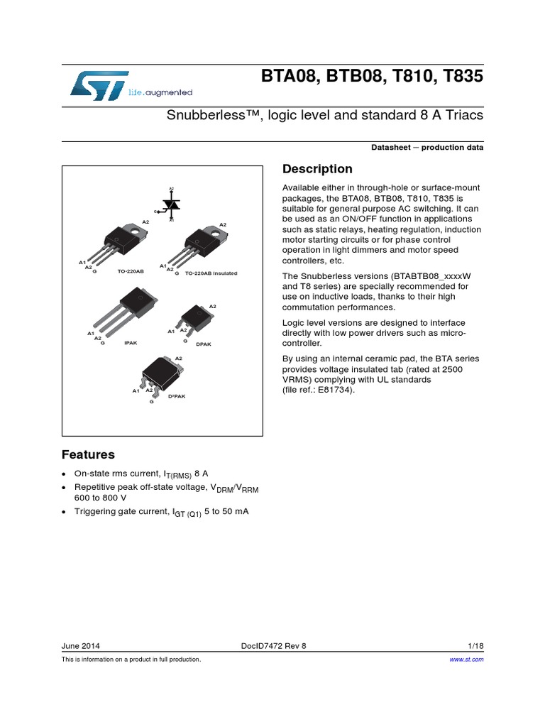 Snubberless Logic Level and Standard 8 A Triacs | PDF | Electrical ...