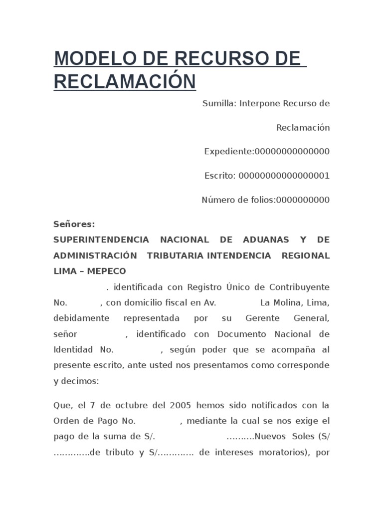 Modelo 1 Recurso de Reclamacion Sunat | PDF