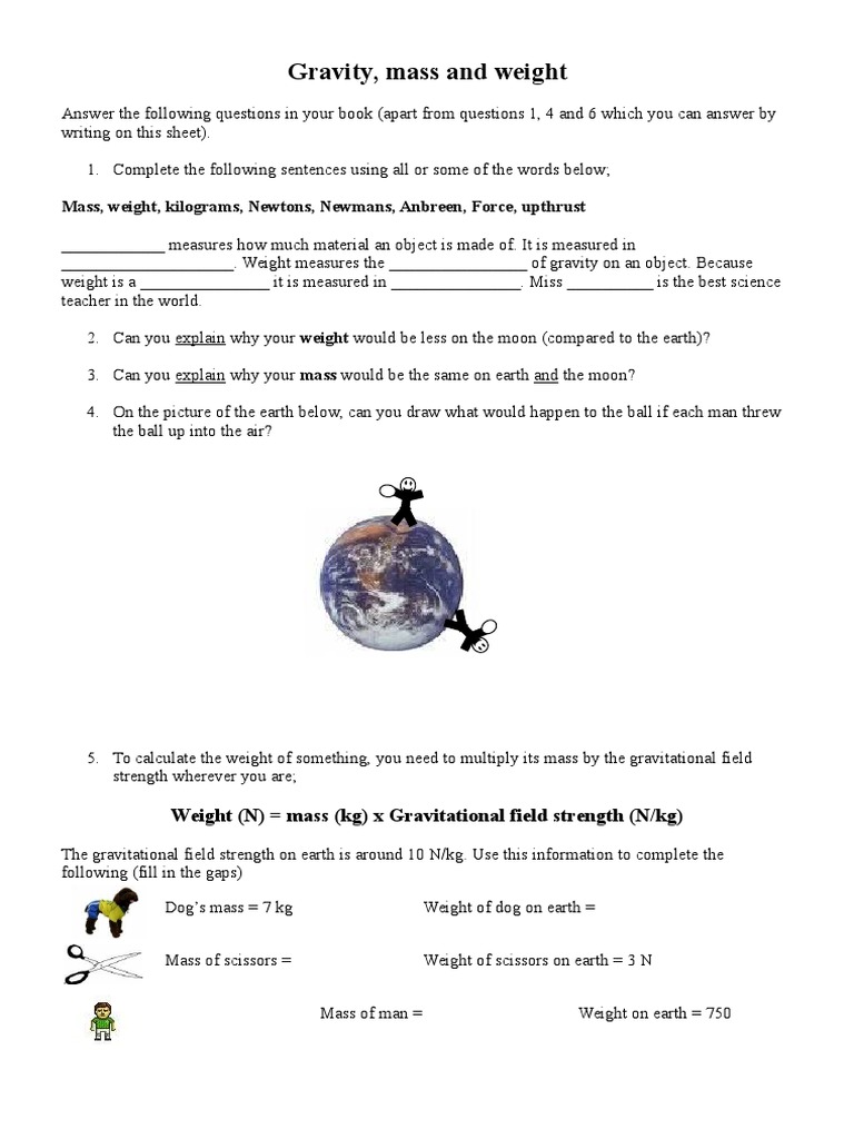 Mass, Weight, and Gravity Worksheet | PDF | Weight | Gravity