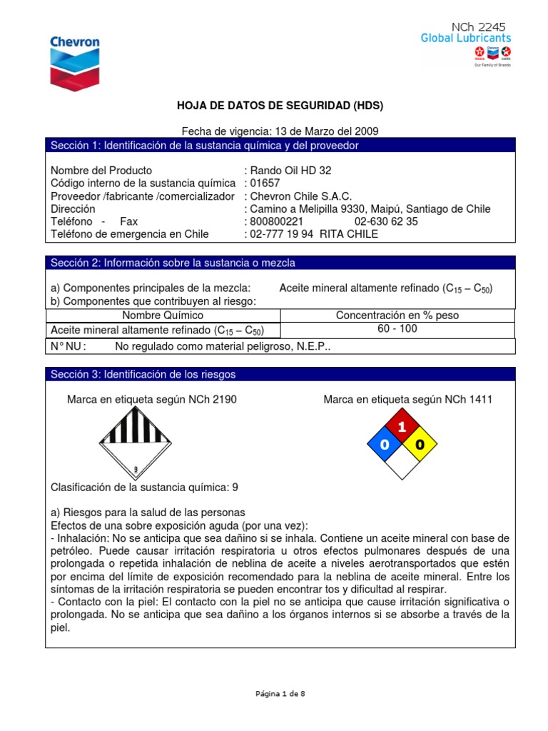 Hoja de Seguridad Rando Oil HD 32 | PDF | Toxicidad | Solubilidad