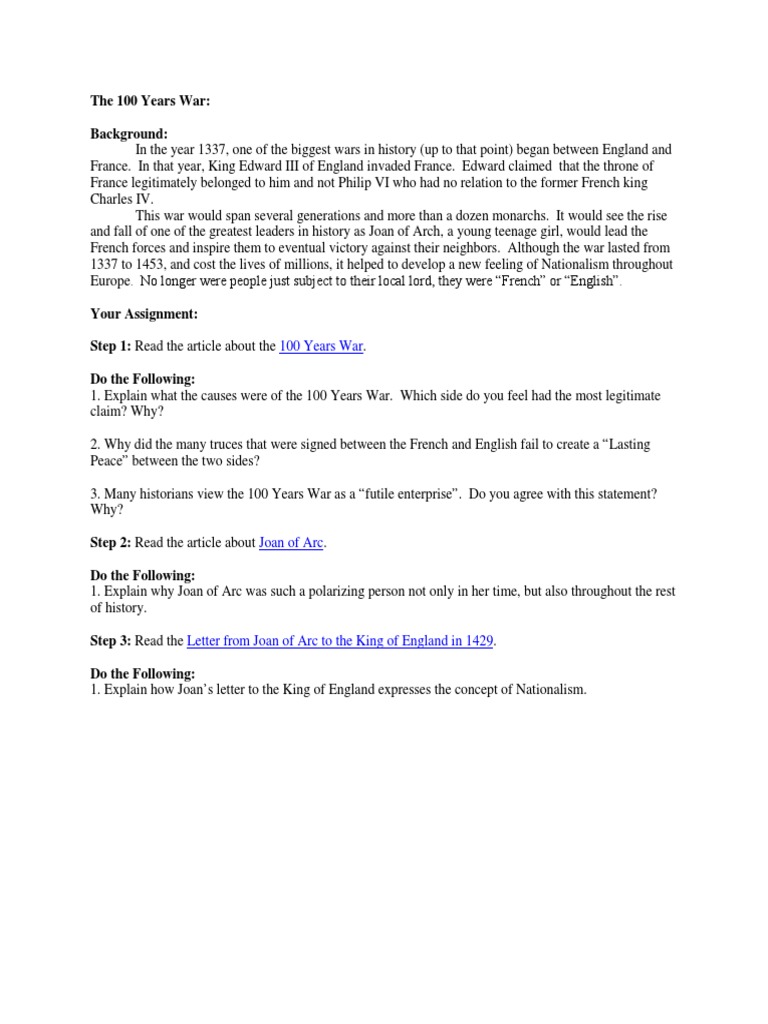 100 Years War Assignment | PDF | History