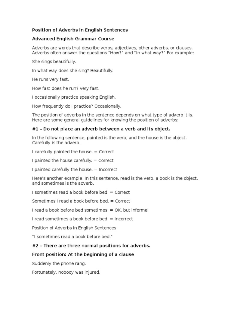 Position of Adverbs in English Sentences | PDF | Adverb | English Grammar