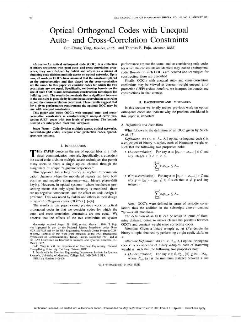 Optical Orthogonal Codes With Unequal Auto Correlation And Cross Correlation Constraints Pdf