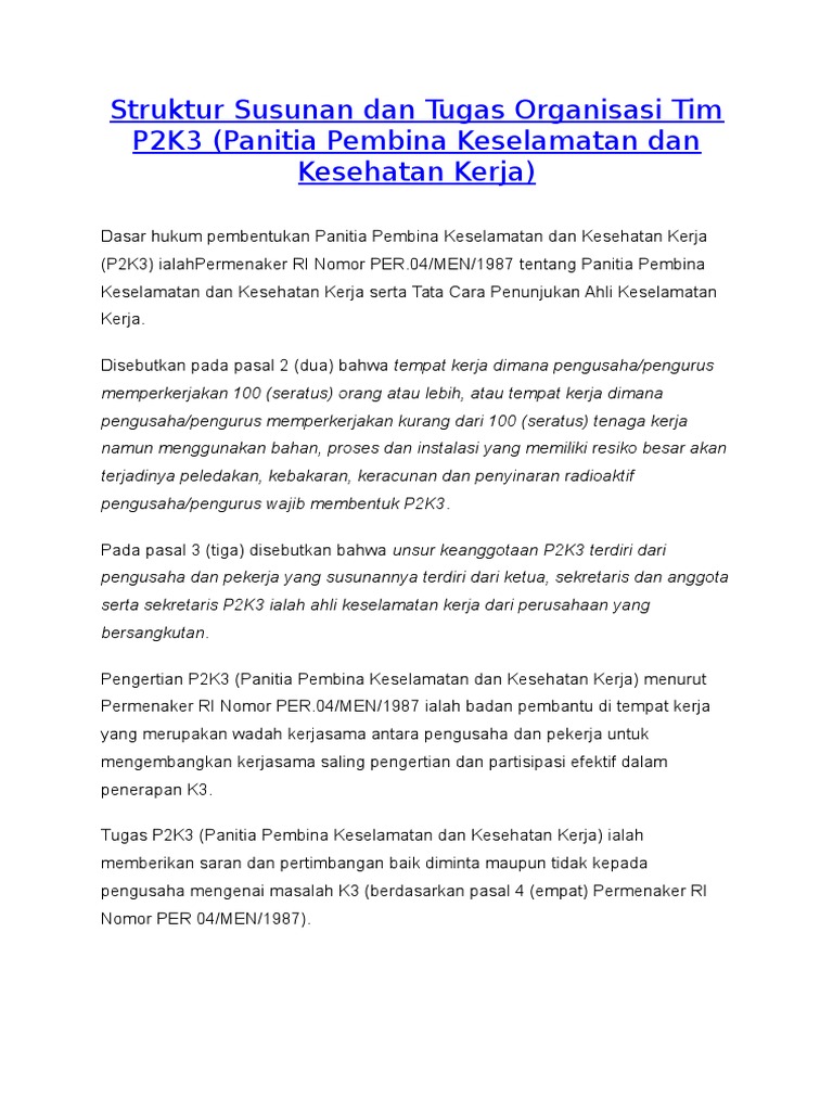 Struktur Susunan Dan Tugas Organisasi Tim P2K3 | PDF