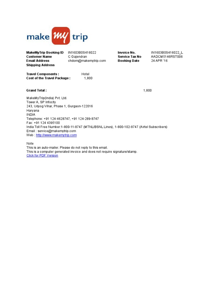 MakeMyTrip Booking ID-2 | PDF