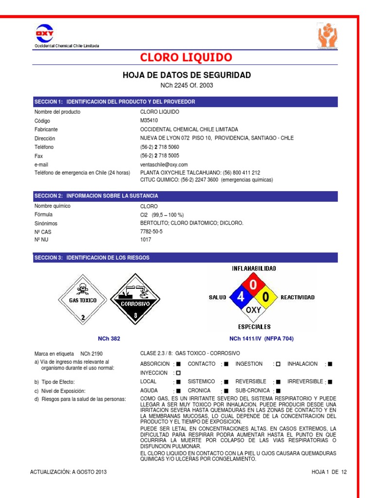 Hds Cloro Pdf Cloro Amoníaco