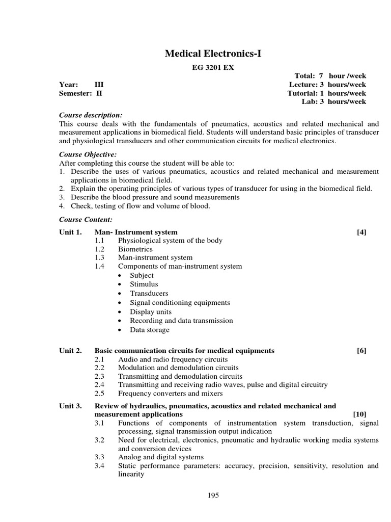 Medical Electronics - 1 Syllabus For Diploma in Electronics Engineering ...