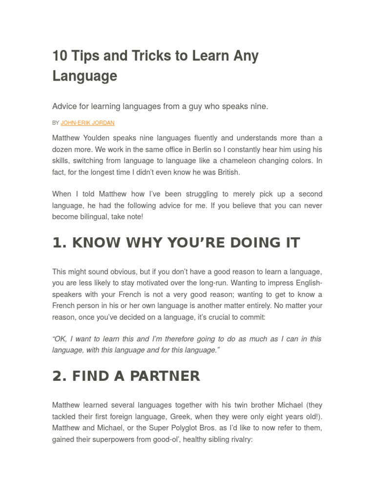 10 Tips and Tricks To Learn Any Language | PDF | Multilingualism | Learning