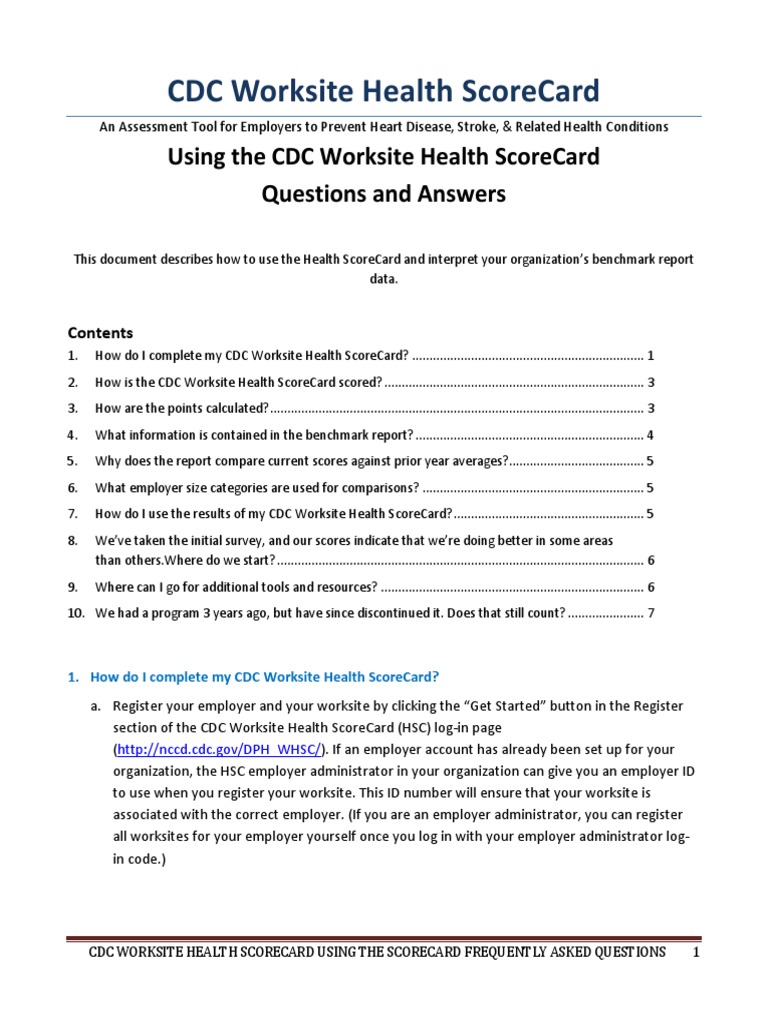 Using The CDC Worksite Health Scorecard Questions and Answers | PDF ...