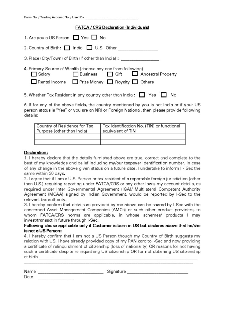 FATCA Declaration For Individual Final | PDF | Identity Document | Taxes