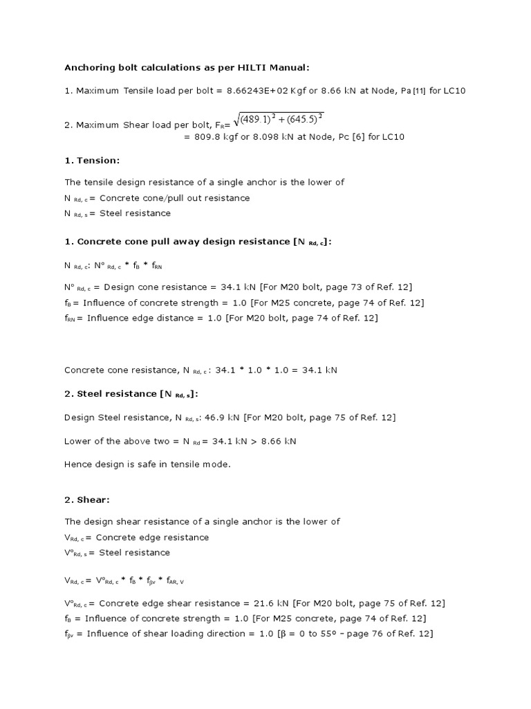 Anchoring Bolt Calculations As Per HILTI Manual