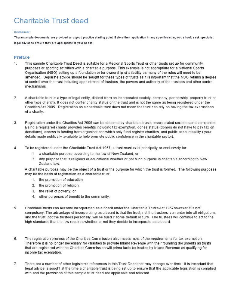 Sample Charitable Trust Deed RST | PDF | Charitable Organization ...