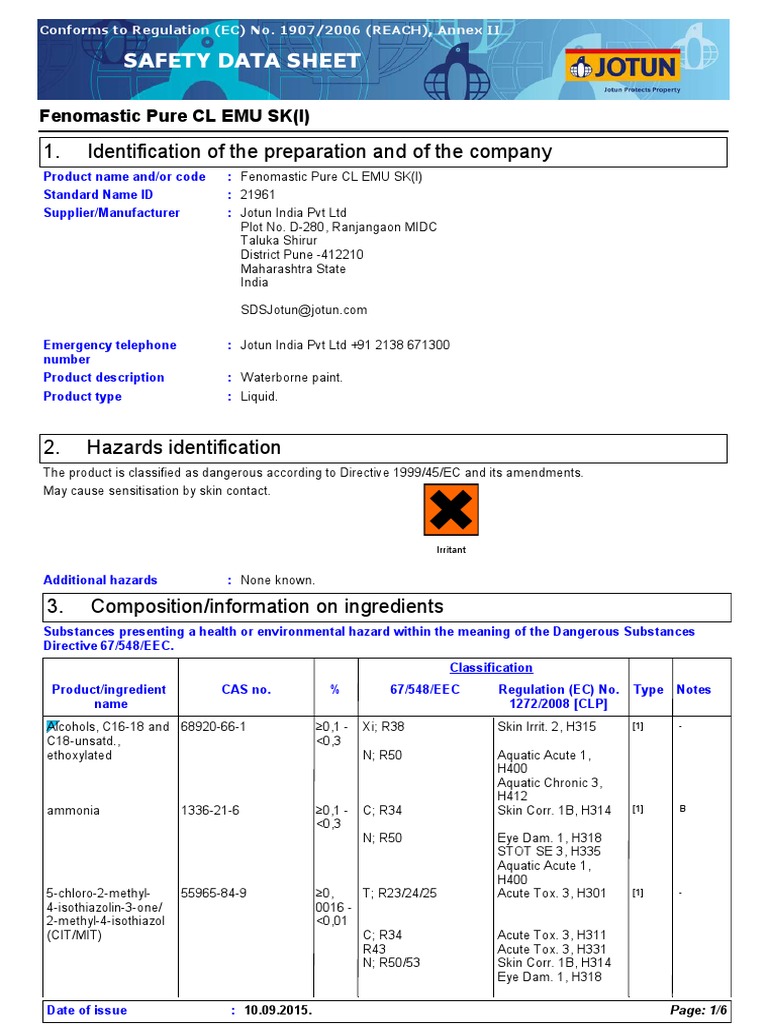 MSds 21961 Fenomastic Pure CL Emu SK (I) Euk in | PDF | Personal ...