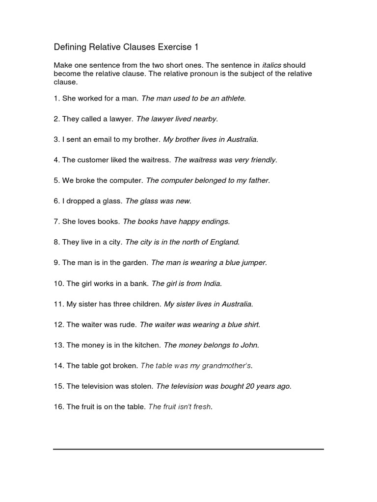 Defining Relative Clauses Exercise With Key | PDF | Sentence (Linguistics) | Waiting Staff