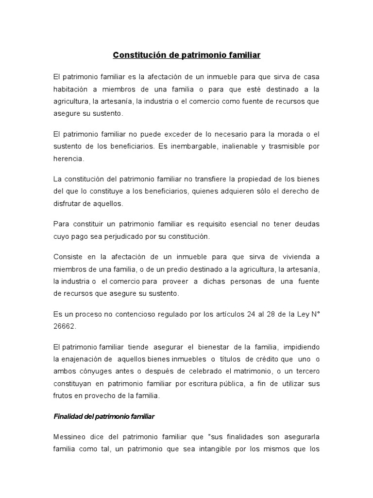 Constitución de Patrimonio Familiar | PDF | Bienes (Ley) | Familia