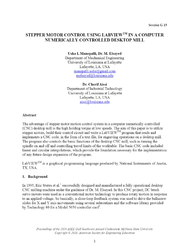 Stepper Motor Control Using Labview TM in A Computer Numerically ...