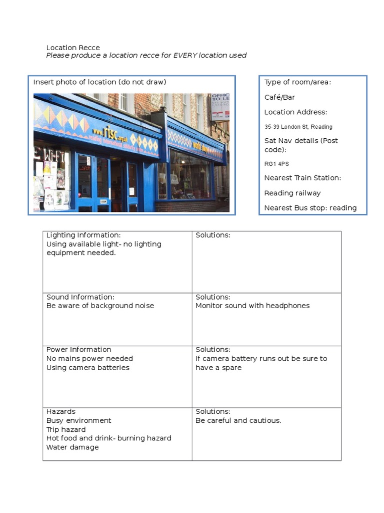 Location Recce - Risc Cafe Reading | PDF