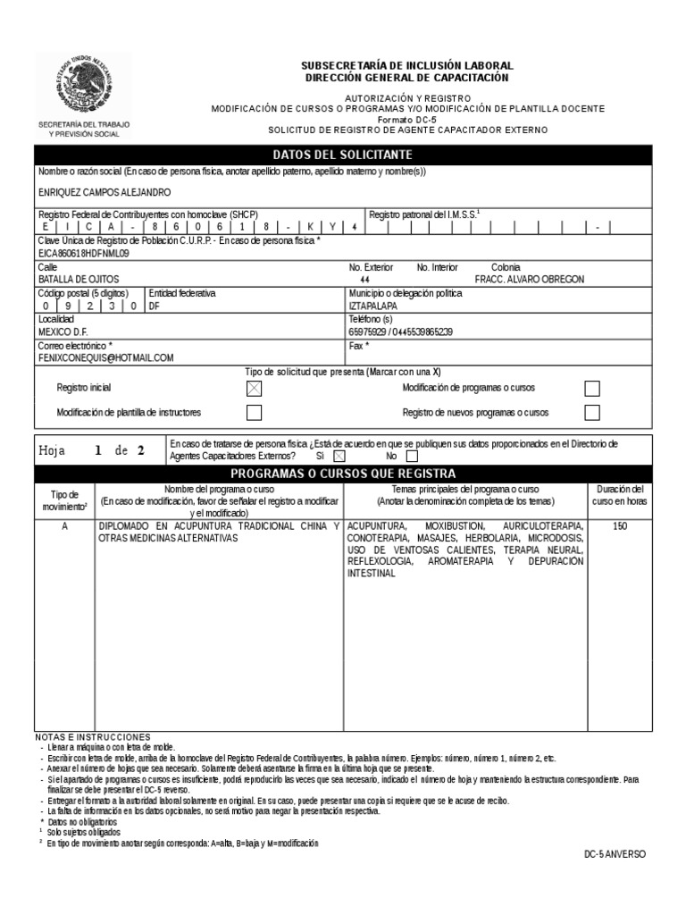 Formato DC-5 SOLICITUD DE REGISTRO DE AGENTE CAPACITADOR EXTERNO | Science | Tecnología (general)