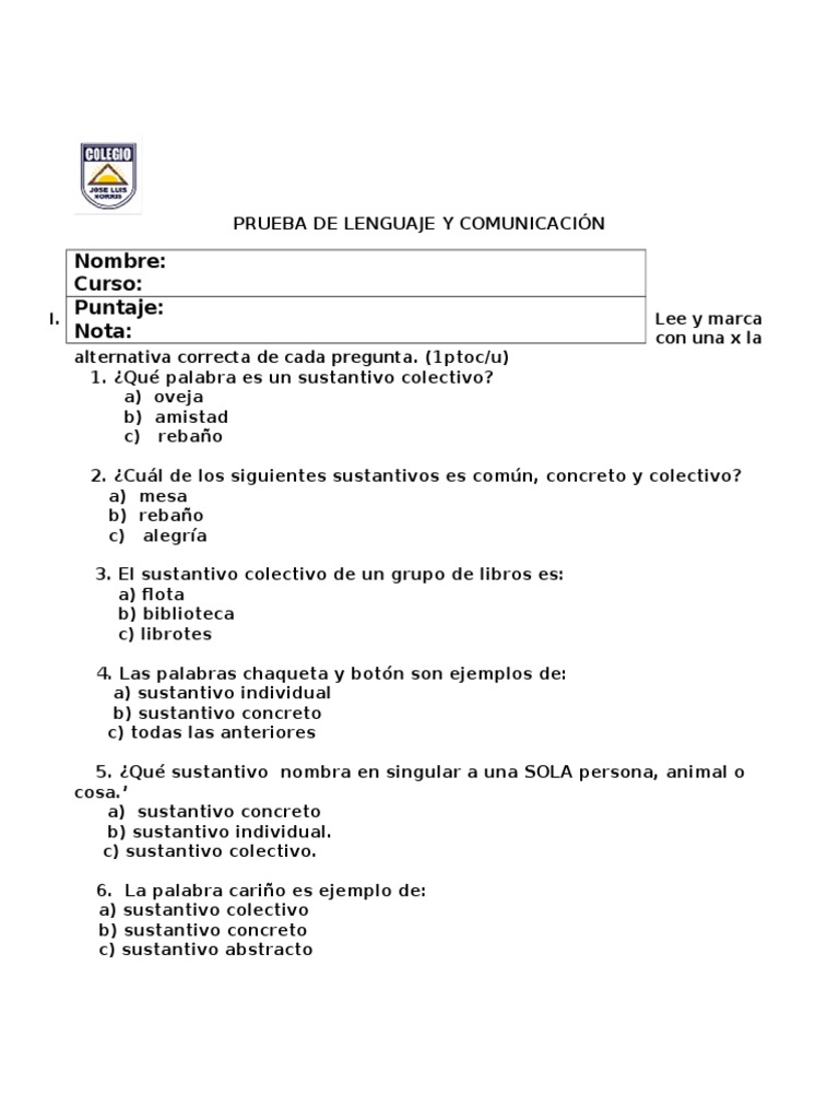 Evaluación de Sustantivos para Quinto Grado | PDF | Sustantivo | Amor