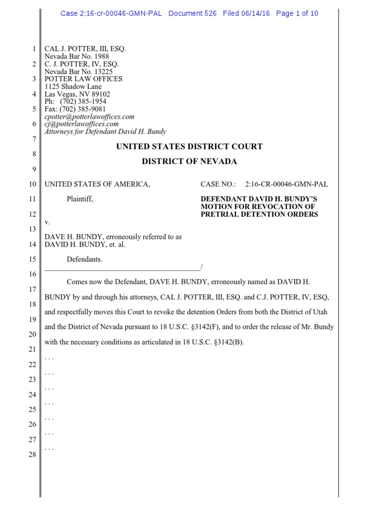 06-14-2016 ECF 526 USA V DAVE BUNDY - MOTION To Revoke Pretrial ...