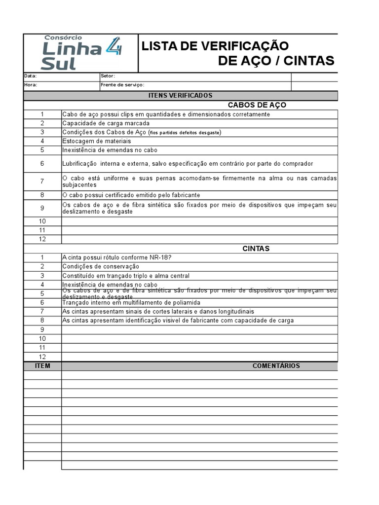 Check List - Cabos de Aço . Cintas Ok