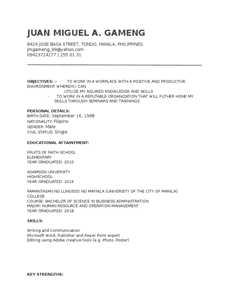 Juan Miguel A. Gameng: HR Professional Resume | PDF
