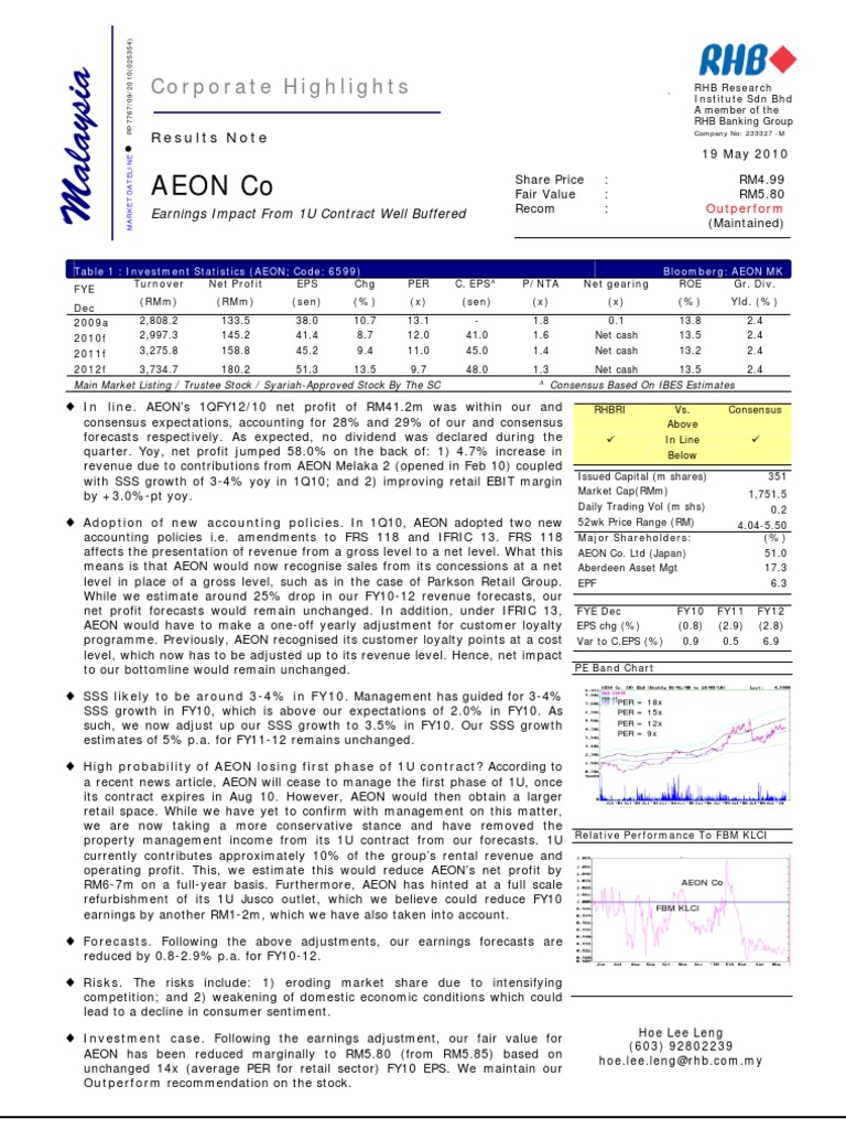 Aeon Co: Corporate Highlights | PDF | Investment Banking | Stocks