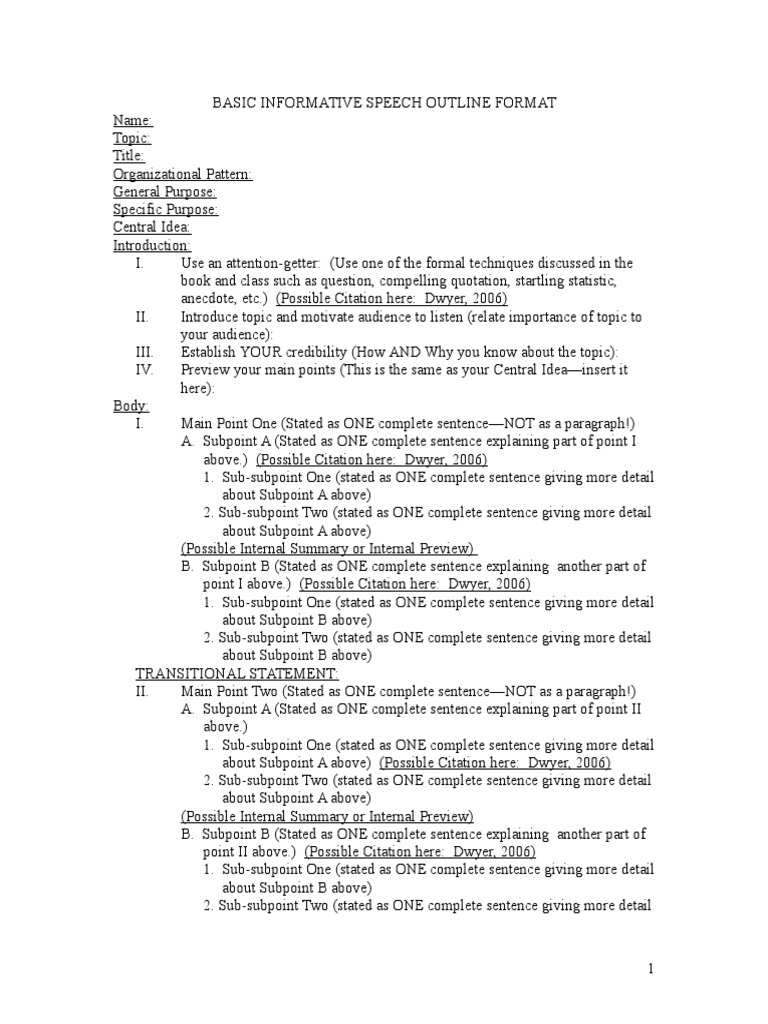 Basic Informative Speech Outline Format Inf 2 Citation Writing