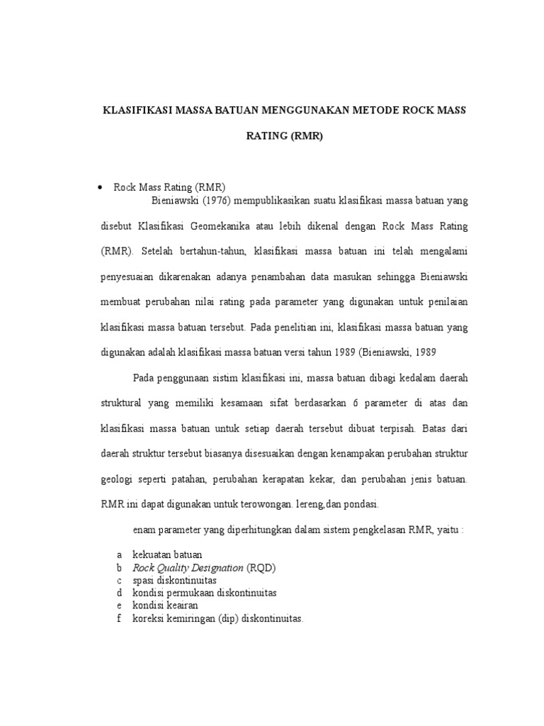 Klasifikasi Massa Batuan Menggunakan Metode Rock Mass Rating (RMR) | PDF | Sains & Matematika