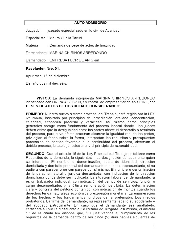 Auto Admisorio | Demanda judicial | Ley procesal