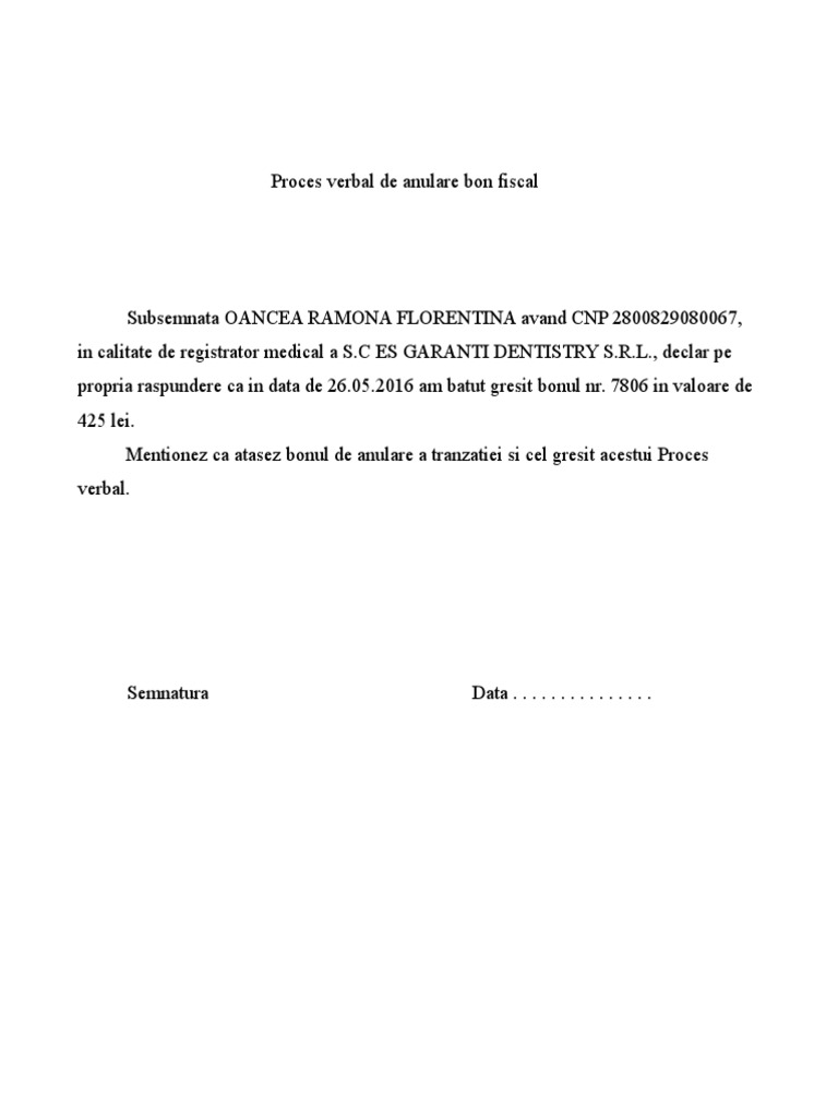 Proces Verbal de Anulare Bon Fiscal | PDF