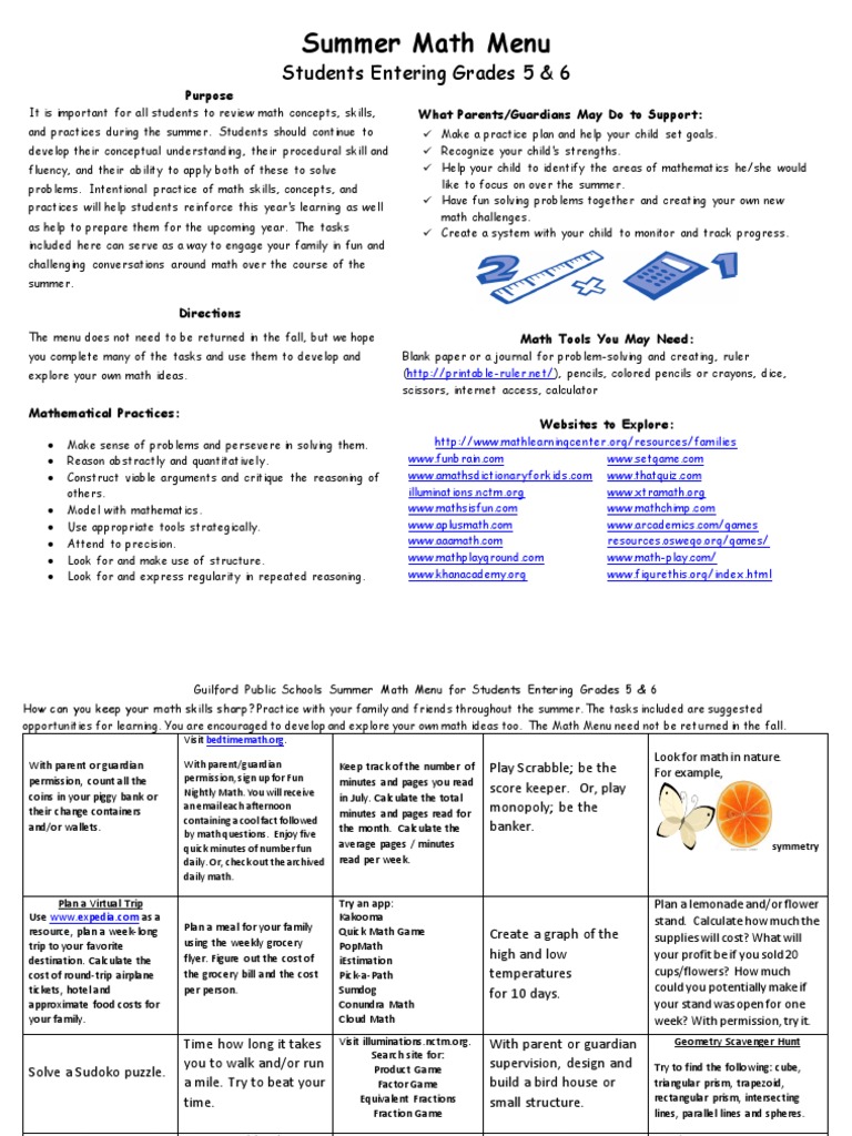 g5-6 Math Menu 2016 | PDF | Teaching Mathematics | Cognition